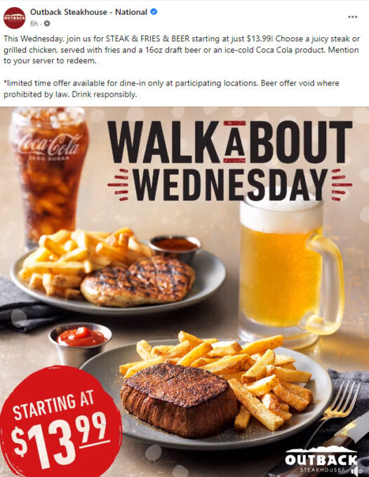 Outback Coupons & Deals - $13.99 Walkabout Wednesday