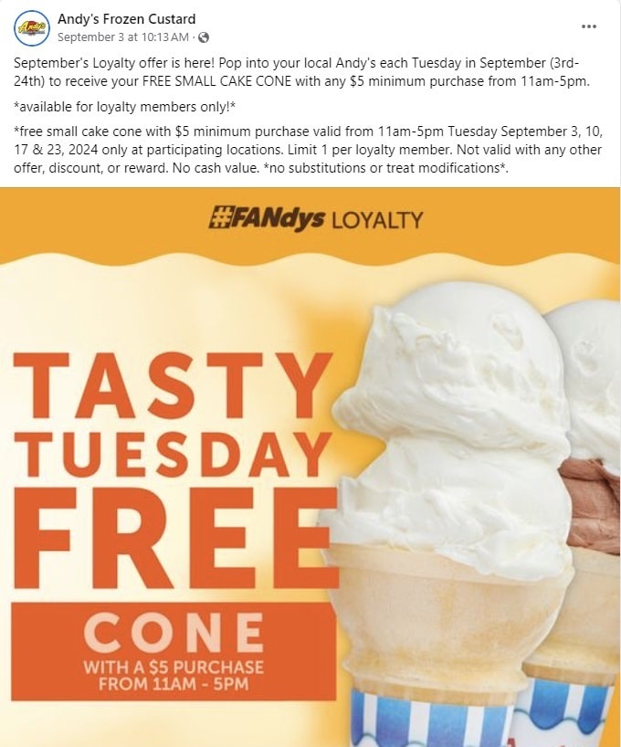 Andy's Frozen Custard: Free Cone Tuesdays